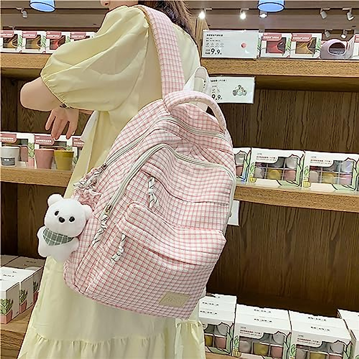 Qyrno Plaid Backpack Kawaii Backpack with Cute Accessories Cute Backpack Aesthetic Backpack DIY Backpack (1-Pink)