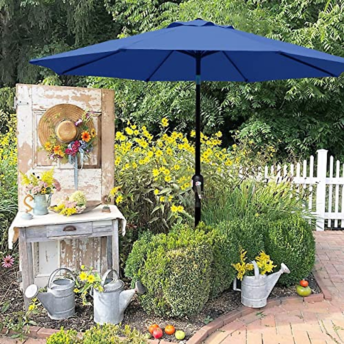Blissun 9' Outdoor Patio Umbrella, Striped Market Umbrella with Push Button Tilt and Crank (Navy Blue)