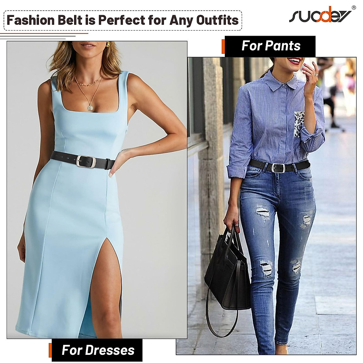 SUOSDEY Fashion Womens Soft Leather Belt, Waist Belt with Pin Buckle for Jeans Pants, black belt,width 1.3"