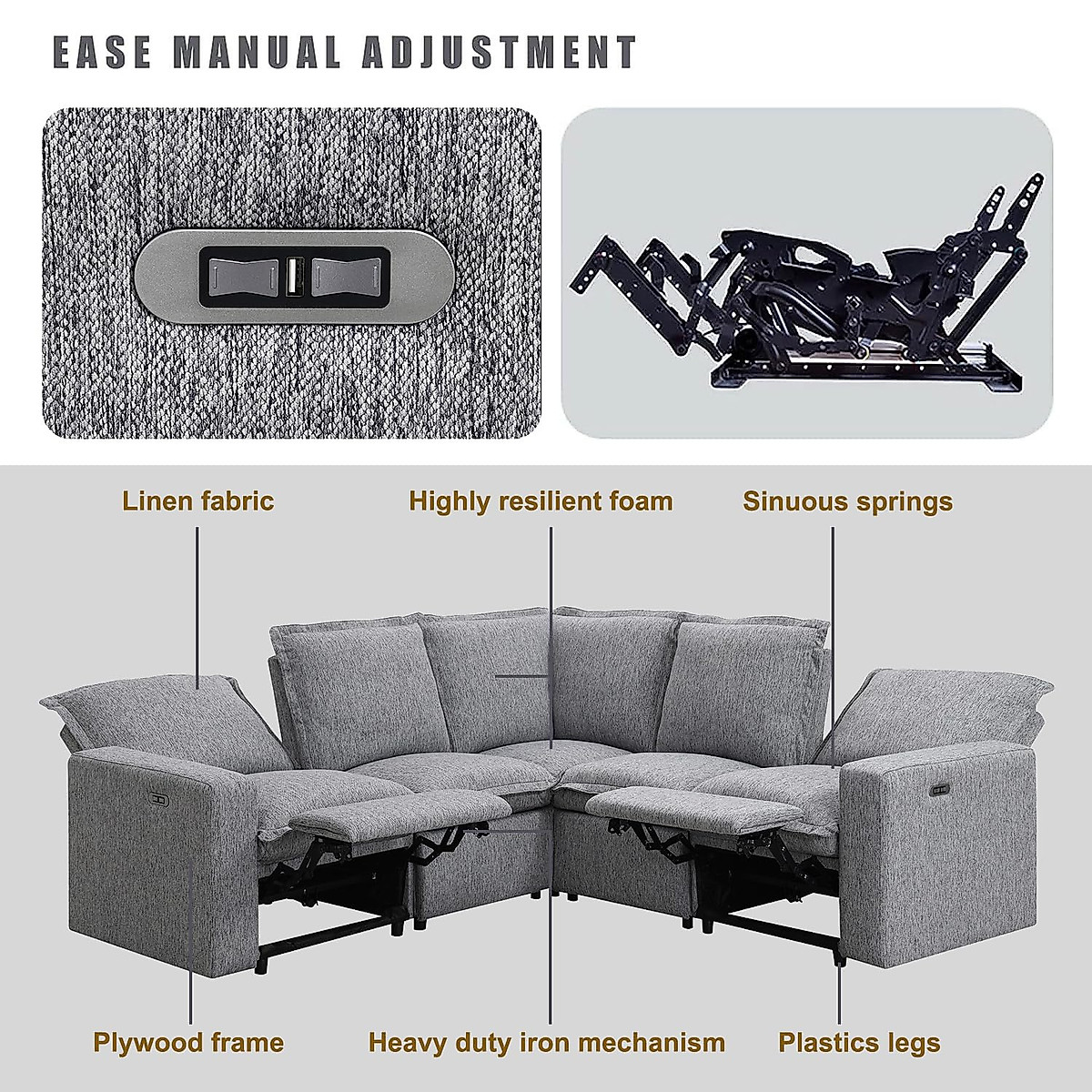 FREESNOOZE Power Reclining Sectional Sofa L-Shaped Recliner Corner Sofa, Home Theater Recliner Chair Couch with USB Port for Living Room/Bedroom Linen Fabric (Grey)