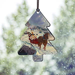 Disney - Mickey and Minnie Mouse - Evening Sleigh Ride – Thomas Kinkade Studios – 3” x 3.9” Tree Shaped Hanging Acrylic Print – Officially Licensed Collectible