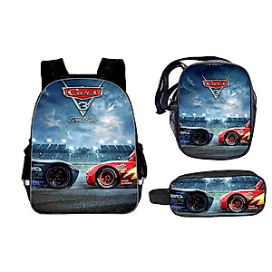 Waroost Youth Lightning McQueen Cars Daypack 3 PCS Set-Lightweight Book Bag+Durable Small Case+Novelty Shoulder Bag