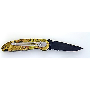 Camouflaged Handled Hunting Knife with a single 7 Folding Straight Edge Black Serrated Blade made of 440 Stainless Steel