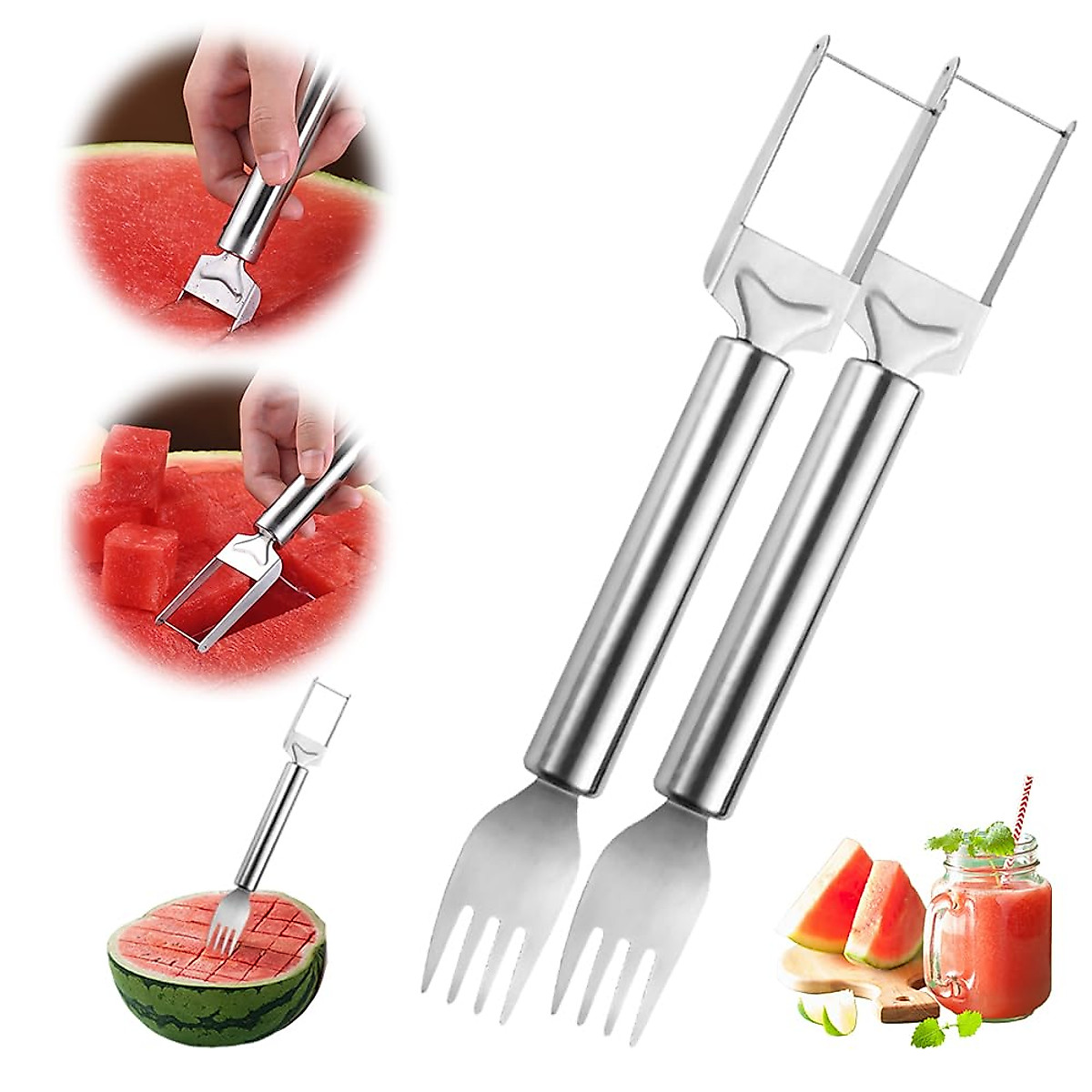 2PCS 2-in-1 Stainless Steel Fruit Cutter Watermelon Cutter,2024 Newest Watermelon Slicer Watermelon Cutter Melon Cutter Tool,Watermelon Cutting tool Stainless Steel Fruit Cutter for Kitchen (2pc)