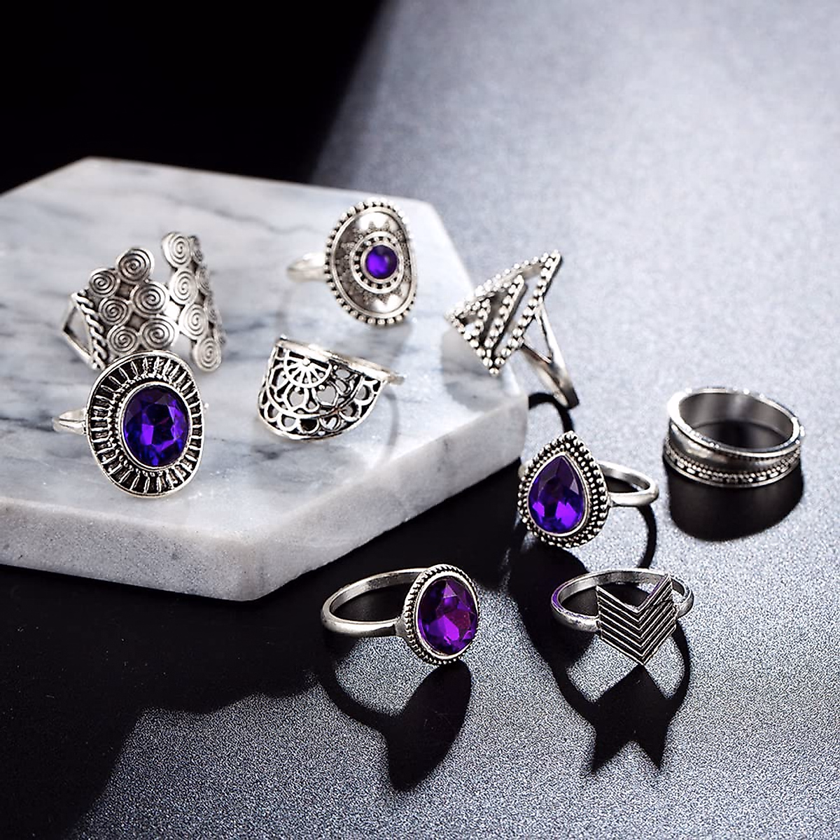 Octwine Statement Purple Crystal Rings Silver Knuckle Rings Queen Rings Jewelry Accessory for Women (9 pcs)