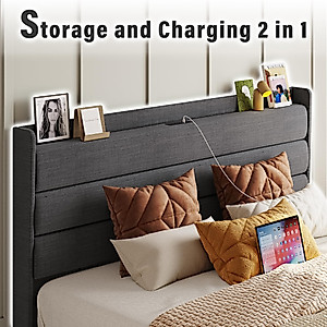 LIKIMIO King Size Bed Frame, Storage Headboard with Outlets, Sturdy and Stable, No Noise, No Box Springs Needed, Dark Gray