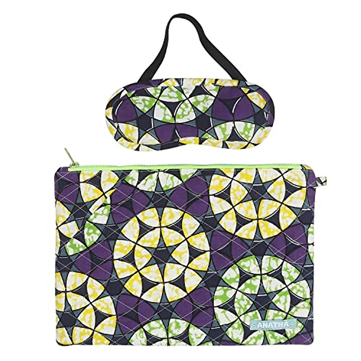 ANATHA 100% COTTON PRINTED CLUTCH/POUCH AND AFRICAN PRINT EYE MASK WITH LINING AND ZIPPER FASTENER - AFRICAN HAND PRINT FABRIC USED, Multicolour