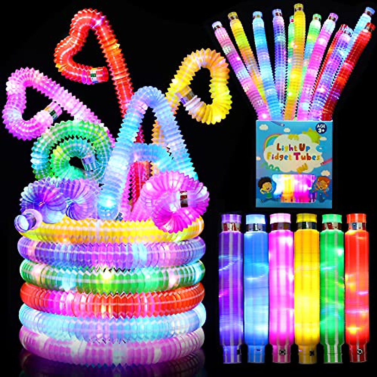 Vheex 12 Pack Glow Sticks Party Favors for Kids 8-12 4-8 Goodie Bags Stuffers Kids Birthday Party Favors Light Up Pop Fidget Tubes Sensory Toys Glow in the Dark Stick Party Supplies Easter Gifts Toys