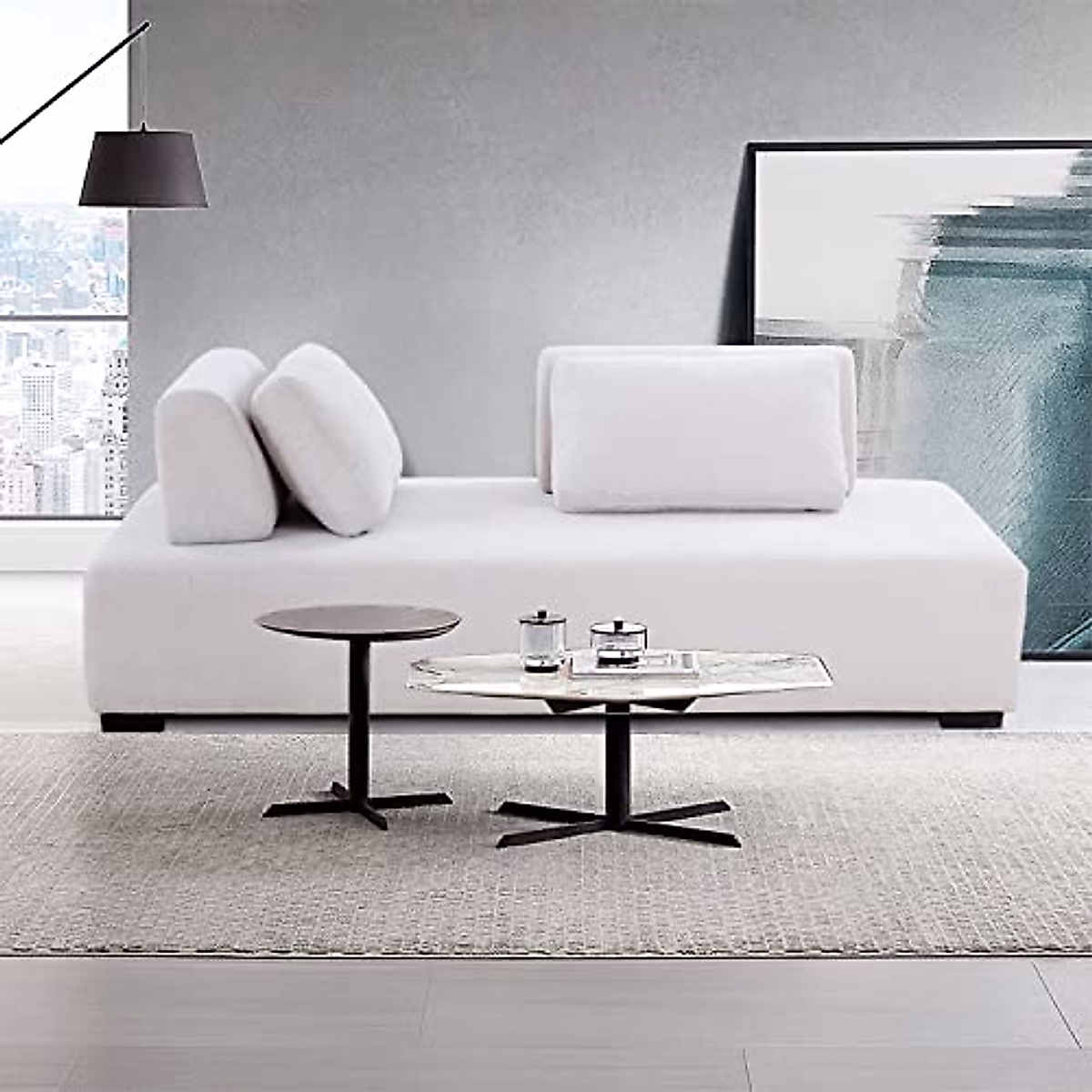 JURMALYN 85.4" Modular Sectional Sofa Couch with 2 Movable Heavy Backrest and Pillows, Modern Upholstered 2 in1 Sofa Bed, Beige Square Floor Couch for Living Room Office Mall Apartment Hotal