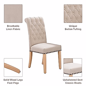 LOULENS Linen Fabric Dining Chairs, Set of 2 Modern Parson Chair, Fashionable Dining Room Chairs with Nailheads Trim, Button Tufting, Solid Wood Legs Living Room Chairs,Beige