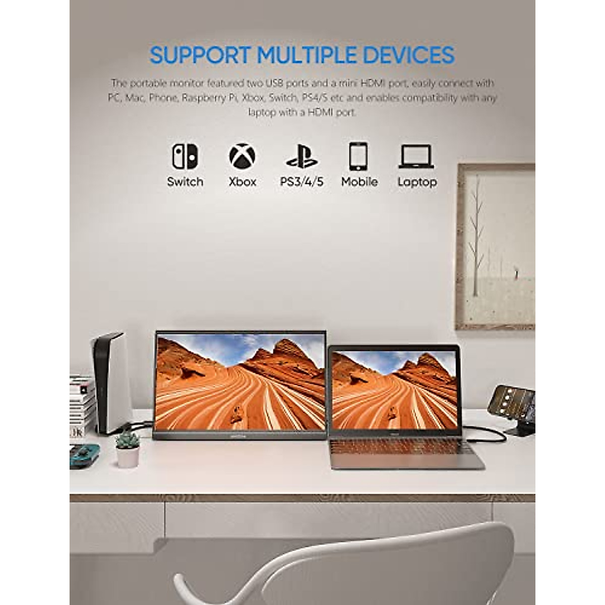 ARZOPA Portable Monitor & Tablet Stand, 17.3'' 1080P FHD Laptop Monitor & Adjustable Sturdy Portable Monitor Stand Combination
