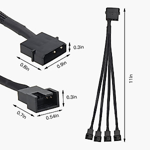 Molex to 3Pin/4Pin Fan Adapter, 12V PC Fan Adapter 4Pin Molex to 4 PWM Splitter Sleeved Braided Cable UIInosoo for 3 Pin or 4 Pin Computer PC Case Fan Power Supply 11 inch