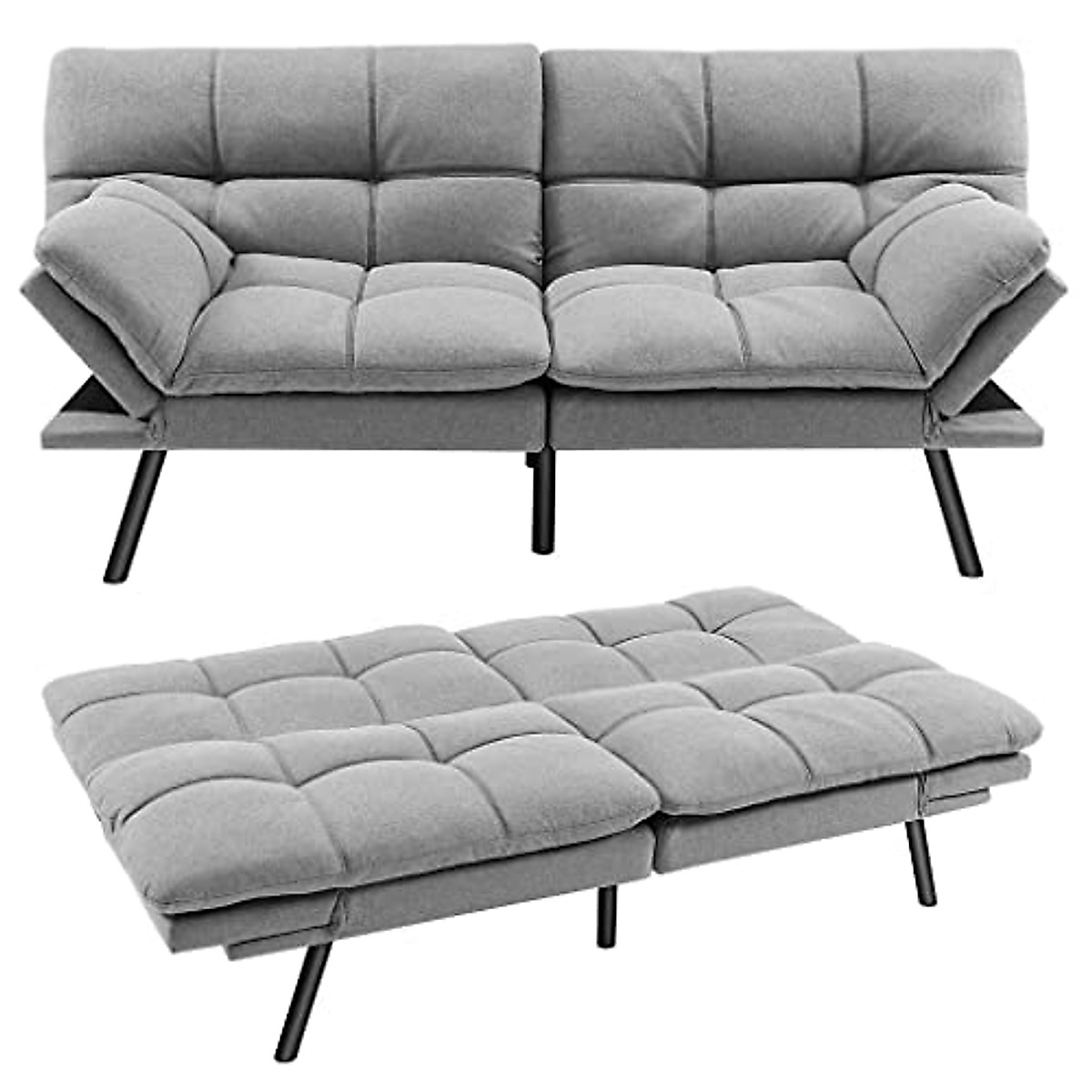 sgzyl Convertible Futon Sofa Bed Memory Foam Couch Sleeper W/Adjustable Armrest Grey