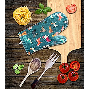 Oven Mitts Set of 2 with Transparent Clear Silicone Shell and Nice Dog Printing Cotton Lining, Heat Resistant to 500 F Kitchen Oven Gloves Pot Holder for Cooking (Blue)