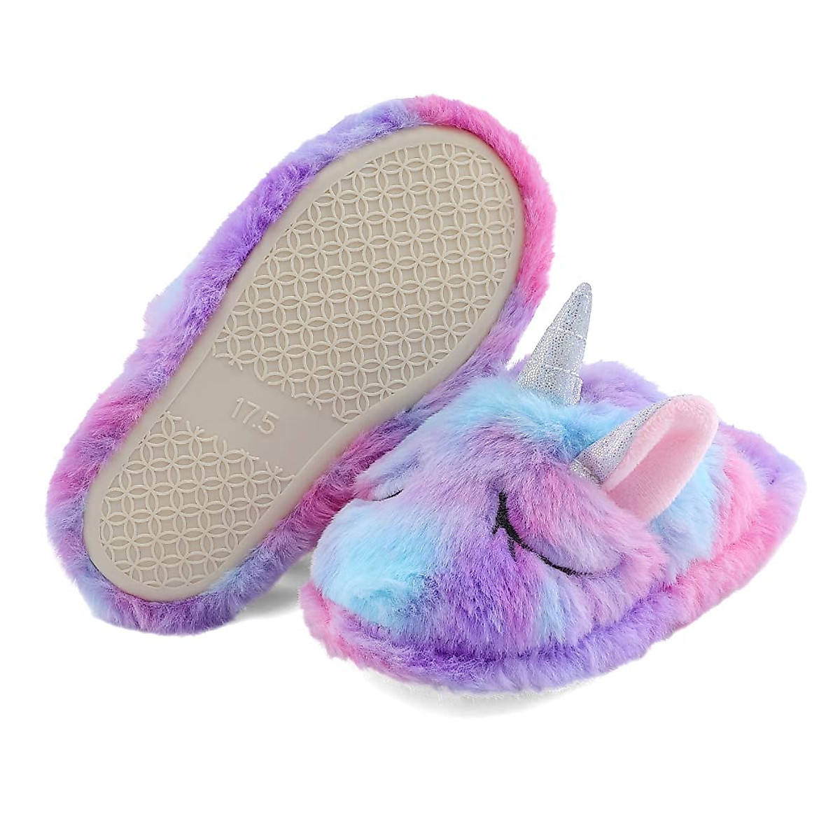 KAKU NANU Kids Slippers Fluffy Slippers Warm Rainbow Slippers Memory Foam Home Slides for Girls Boys(2.5-3.5 big kid)