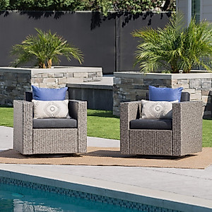Christopher Knight Home Puerta Outdoor Wicker Swivel Club Chairs with Water Resistant Cushions, 2-Pcs Set, Mix Black / Dark Grey