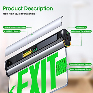 SASELUX Led Edge-Lit Exit Sign ,Brushed Aluminum Housing Single-Sided Clear Rotating Acrylic Panel,Hardwired Emergency Exit Signs with Battery Backup, 120V-347VAC,Green Led Emergency Exit Light for Business , UL Listed,Top/Side/Wall Mount(1 Pack)