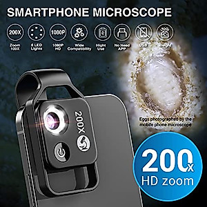 Microscope for Phone 200X Mini Universal Clip USB Pocket Microscope with Phone Microscope HD Optical Lens and Magnifying Digital Microscope for iPhone Android Phone with LED Ligth for Adult & Children