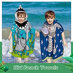 3 Pack Kids Hooded Towel 47 x 24 Inch Baby Beach Bath Towel for Girls Boys Thicker Toddler Swim Towels Ponchos with Hood Cotton Pool Bath Towels Poncho for 1-7 Years (Shark, Astronaut)