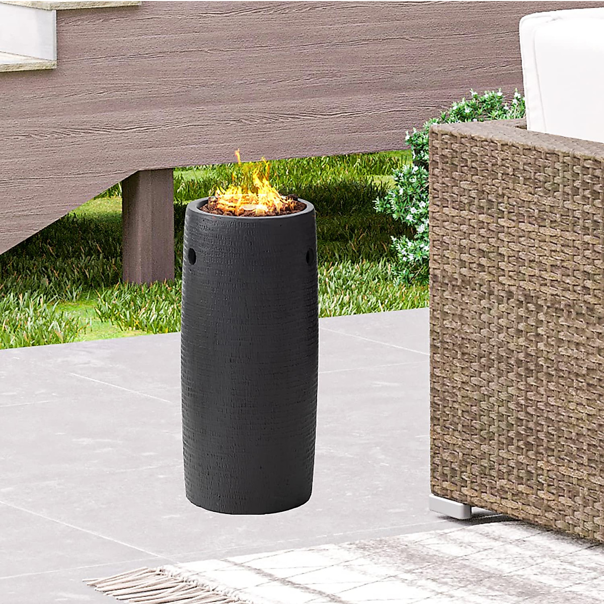 HOMPUS Propane Patio Fire Pit, Lava Rocks and Rain Cover for Outdoor Leisure Party,15,000 BTU 11-inch Round Column Small and Portable Concrete Gas Fire Pit for Patio, Deck or Backyard Dark Gray