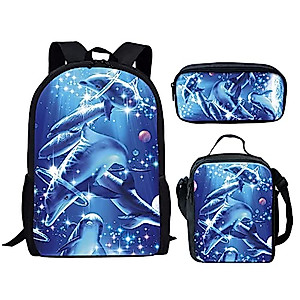 HUGS IDEA Blue Dolphin Print 3Pcs Backpack for Girls Kids School Bags Set with Lunch Box Pencil Case Student Bookbag Outdoor Daypack