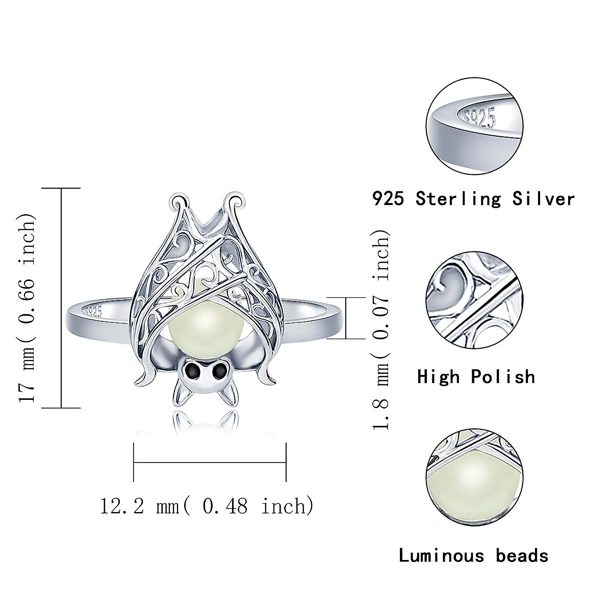 925 Sterling Silver Bat Ring Cute Animal Glowing in the Dark Halloween Jewelry Gift for Women(7)