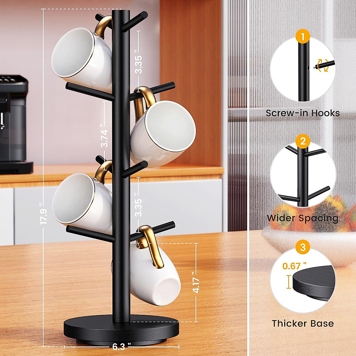 Coffee Mug Holder Tree, Upgraded 360° Rotated Coffee Cup Holder for Counter, Wood Coffee Mug Tree, Coffee Mug Rack with 8 Hooks, Coffee Mug Organizer Station, Mug Stand Coffee Bar Accessories, Black