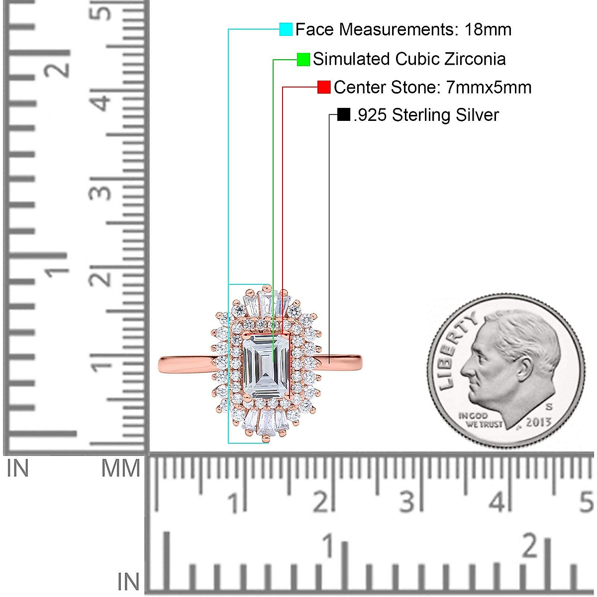 Blue Apple Co. Rose Tone, Simulatedd Cubic Zirconia Size-8 Emerald Cut Vintage Art Deco Halo Wedding Bridal Engagement Ring Baguette Simulated CZ 925 Sterling Silver