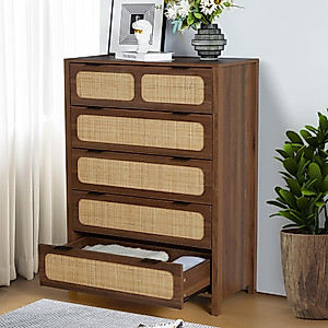 LEVNARY 5 Drawer Chest Dresser, Rattan Tall Dresser 5 Chest of Drawers Dressers for Bedroom, Wooden Storage Cane Cabinet with Metal Handles for Living Room Hallway (Walnut)