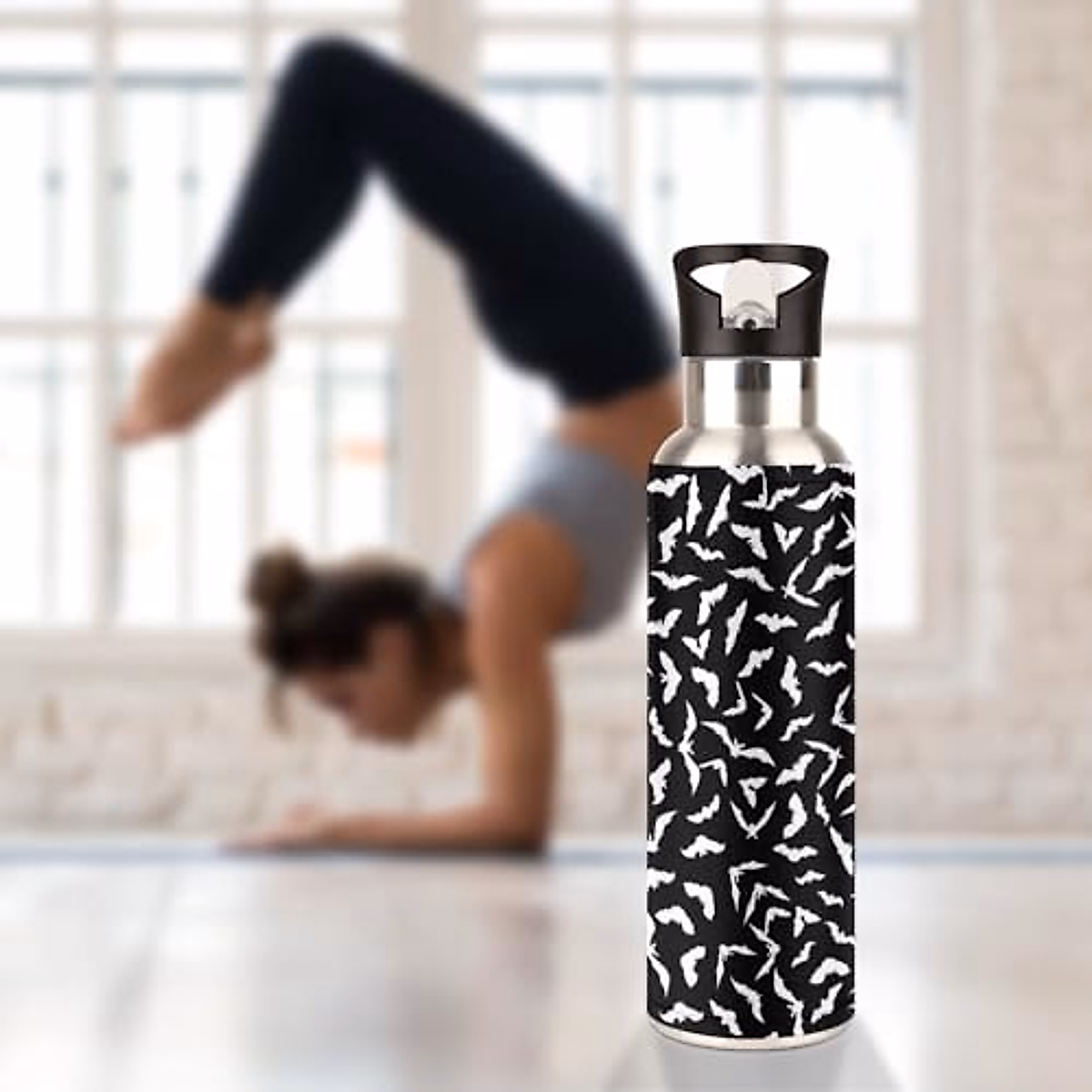 Bats Black Water Bottle 20 oz Insulated Thermos With Lid Stainless Steel Bottle Circle Sports Water Bottles Keep Hot Cold Leakproof Vacuum Water Flask