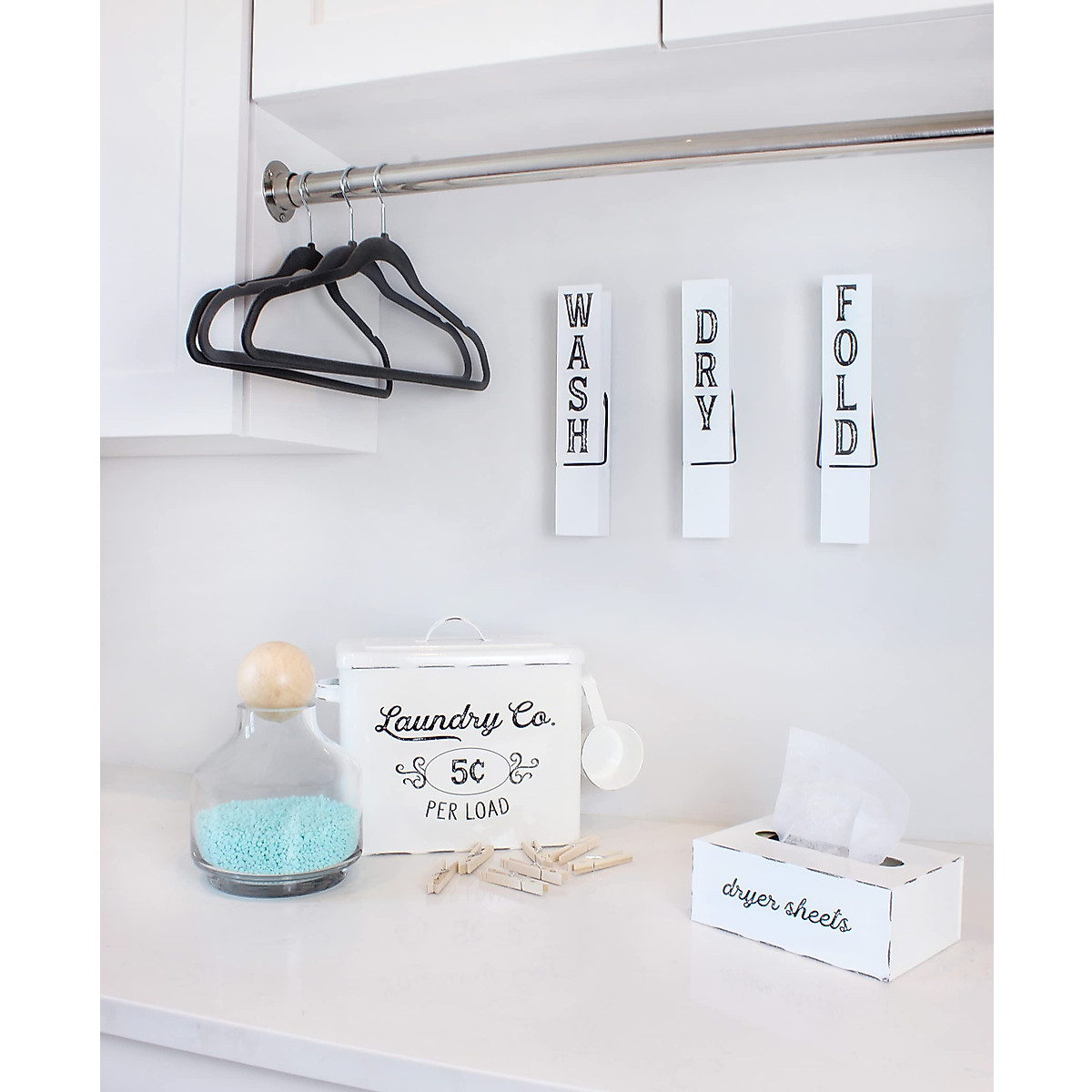 AuldHome Design Laundry Room Wall Art (Set of 3); Rustic Wood Clothespin Shaped Laundry Decor