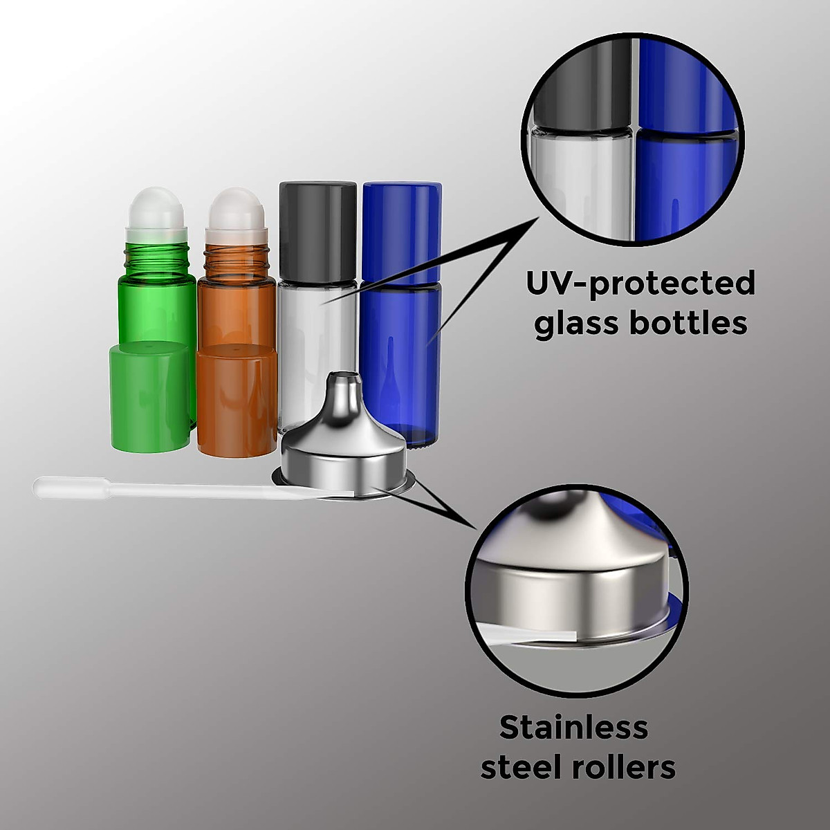 Nylea 4 Pack Essential Oil Roller Bottles [Plastic Roller Ball] FREE Plastic Pippette and Funnel - Refillable Glass Color Roll On for Fragrance Essential Oil - 30ml 1 oz (MIX)