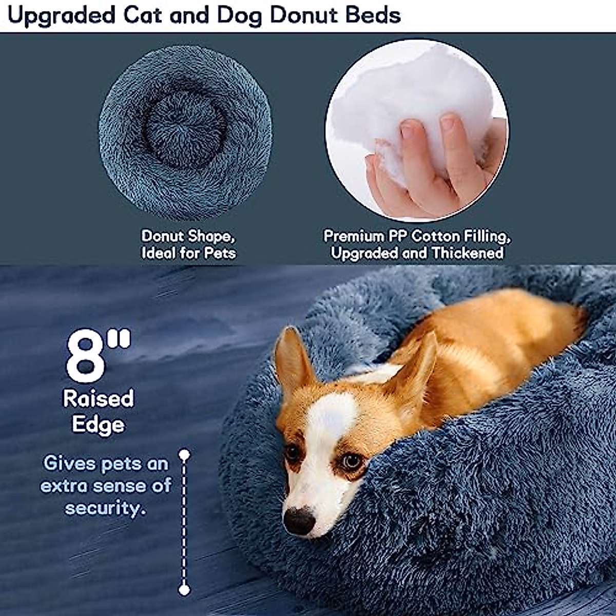 Yvnicll Calming Dog & Cat Bed with Blanket,Pet Beds for Small Dogs Bed with Removable Washable Cover,Anti Anxiety Dog Bed Cuddler Fluffy Faux Fur Plush Pet Donut Round Bed for Small Dogs（Navy,XS,20"）