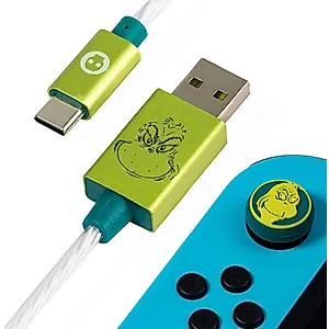 Numskull Official Grinch LED USB Type-C Cable and Thumb Stick Grips - 1.5M Fast Charging Lead, Nintendo Switch Controller Mod (Nintendo Switch)