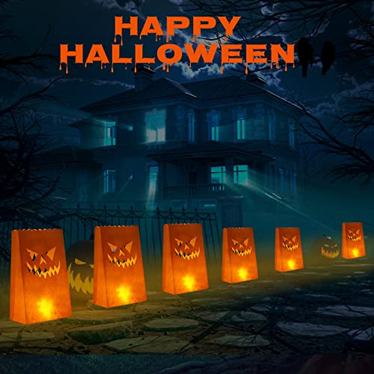 Halloween Luminary Bags Outdoor Paper Pumpkin Lantern Bags Flame Resistant Jack-o'-Lantern Bags Halloween Silhouette Luminary Candle Bags for Halloween, Party, Home Decorations (48 Pieces)
