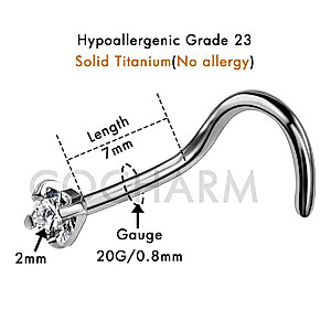 COCHARM G23 Titanium Nose Stud 20g Nose Screw Nose Rings 2mm Diamond Clear CZ Nose Stud Nose Rings 20 Gauge Nose Piercing Jewelry 20g Nose Corkscrew Stud