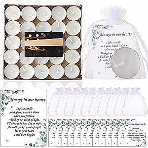 Coume 50 Set Funeral Favors Memorial Tealight Candles Unscented White Candles Funeral Gift Candles with Condolence Bereavement Cards and Organza Bags for Guest Furneral Party (Artsy)