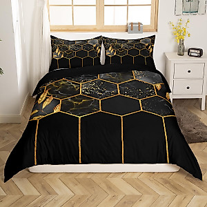 Marble Duvet Cover King, Black Grey Geometric Gold Plaid Bedding Set, Modern Luxury Diamond Comforter Cover with Metallic Stripe Printed Beehive Hexagon Grid Quilt Cover with Pillow Shams,Honeycomb