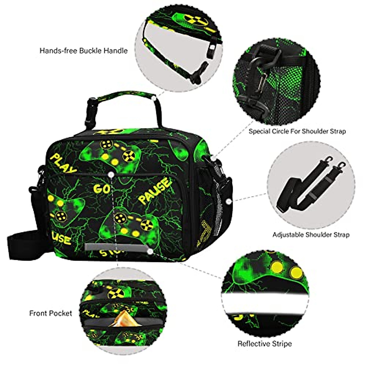 Eionryn Video Game Lunch Bags Green Marble Texture Lunch Box Insulated Cooler Bag Reusable Tote Shoulder Bag for Outdoor Picnic Meal Office