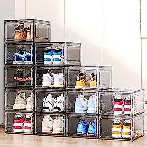 Upgrade Harder Solid Plastic Shoe Organizer, Shoe Storage with Magnetic Front Door, 6 Pack Shoe Boxes Clear Plastic Stackable, Sneaker Storage, Shoe Organizer for Closet, Shoe Display Case , White