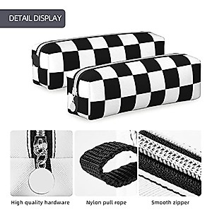 Ykklima Leather Pencil Case - Black White Race Checkered Flag Pattern, Stationery Bag Pen Organizer Makeup Cosmetic Holder Pouch for School Work Office College