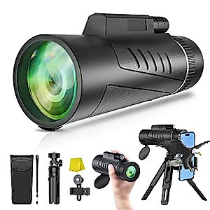 Monocular Telescope for Smartphone, 80x100 High-Power HD Compact Monocular Night Vision, Half Binocular Weight Small Monocular for Adults Hunting Birding Star Sky Watching with Phone Adapter & Tripod