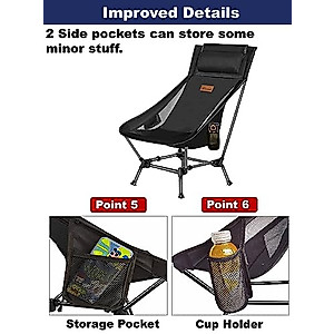 DRAXDOG Camping Chair, 2 Way Compact Backpacking Chair, Portable Folding Chair, Beach Chair with Side Pocket, Lightweight Hiking Chair 0011 (Black Set)