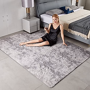 GKLUCKIN Shag Ultra Soft Area Rug, Non-Skid Fluffy 5'x8' Tie-Dyed Light Grey Fuzzy Indoor Faux Fur Rugs for Living Room Bedroom Nursery Decor Furry Carpet Kids Playroom