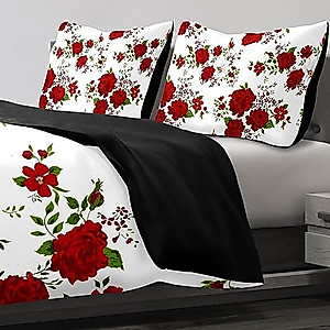 VAPOKF Duvet Covers Set Full Size Soft and Breathable Microfiber Comforter Bedding Set 1 Duvet Cover 2 Pillowcase with Zipper Closure for Kids Women Men, Red Spring Flowers