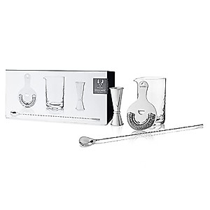Viski Stainless Steel Bartender Set 4pcs Kit, Drink Mixers for Cocktails Gift Essentials: Mixing Glass, Hawthorne Strainer, Double Jigger and Barspoon, Silver