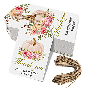 50 Pcs Pink Pumpkin Gift Tags, Fall Theme Gift Tags with String, Thank You for Celebrating with Us Tags for Wedding Birthday Baby Shower Party Favors (Color Two)
