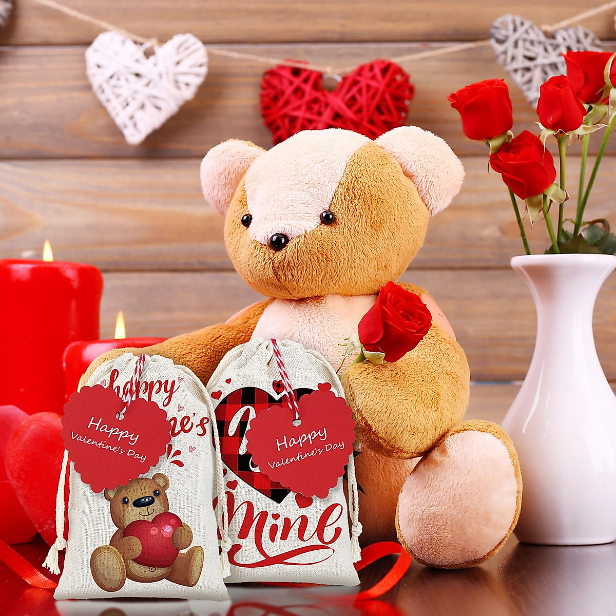 20 Pieces Valentine's Day Gift Bags with Drawstring Linen Cloth Candy Jewelry Pouches Sacks Small Muslin Bags with Heart Tag Labels for Valentine's Day Party Favors Wedding Bridal Shower (4 x 6 Inch)