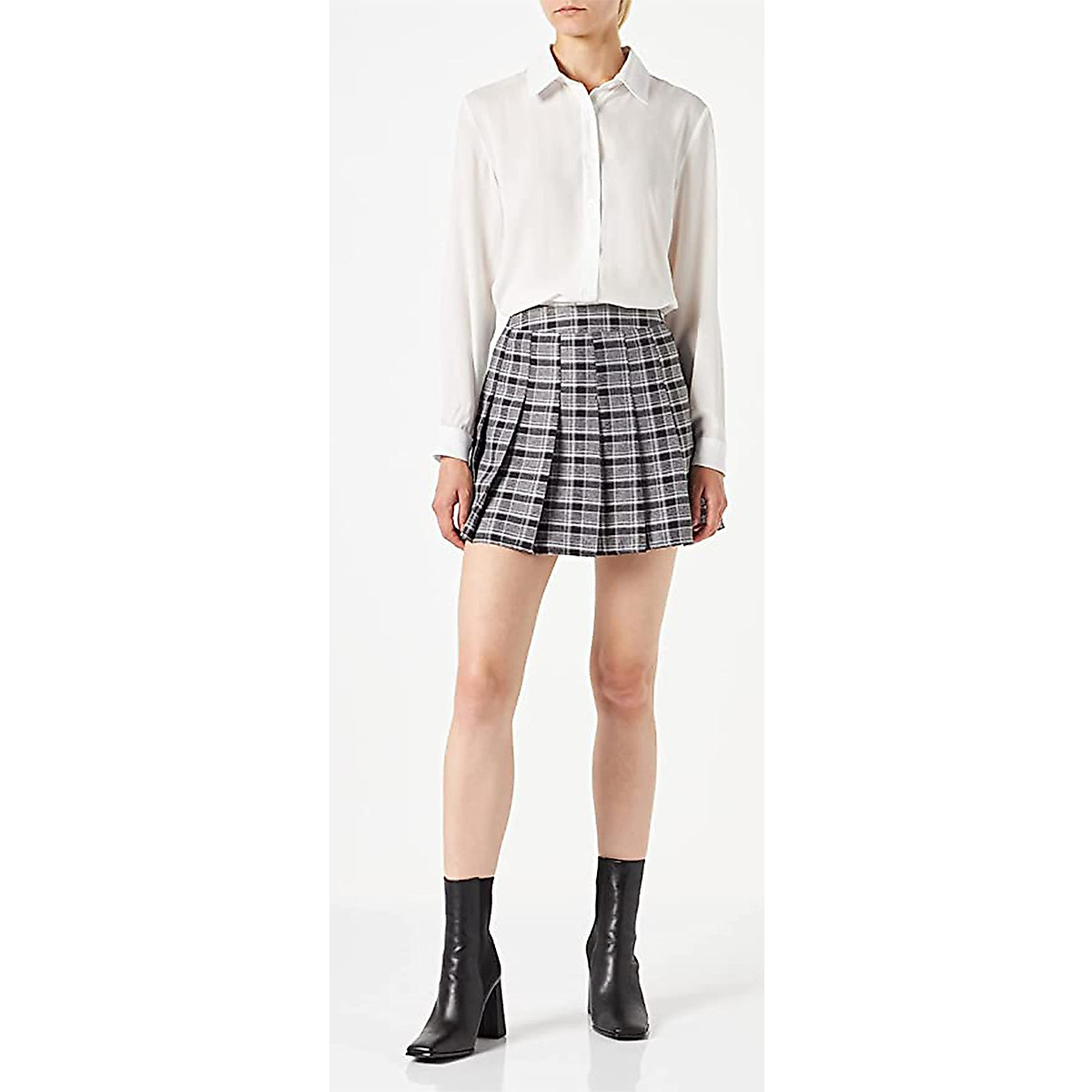 Hoerev Black Grey Plaid Pleated Skater Tennis School Uniform Skirt with Lining Shorts for Women Girls,US 6
