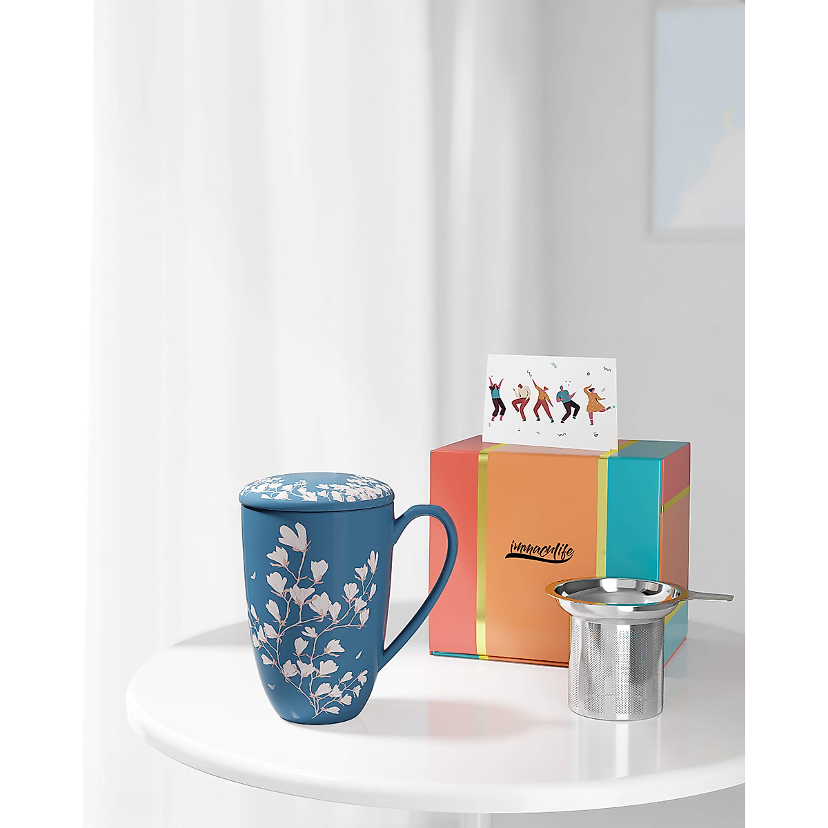 immaculife Tea Cup with Infuser and Lid - Tea Mug with Lid for Steeping Loose Leaf Tea Bag Coffee Milk Women Office Home Gift 16oz Navy Flower